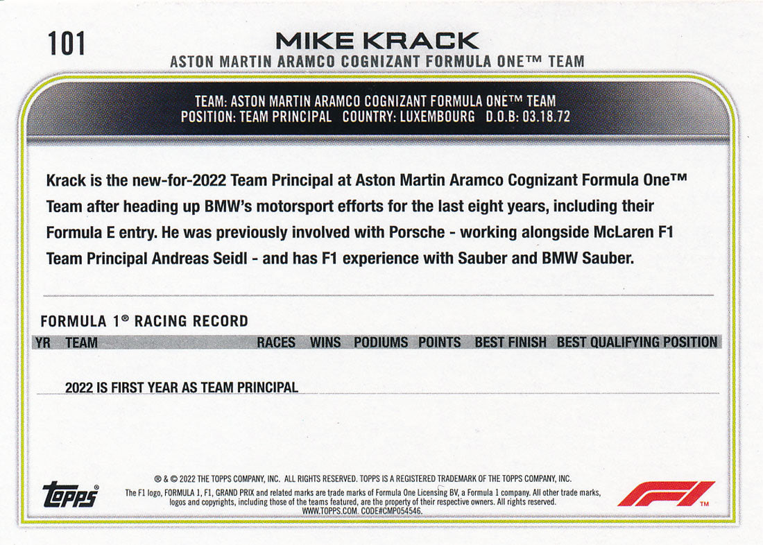Mike Krack Signed 2022 Topps Formula 1 Aston Martin F1 Team #101 Card ...