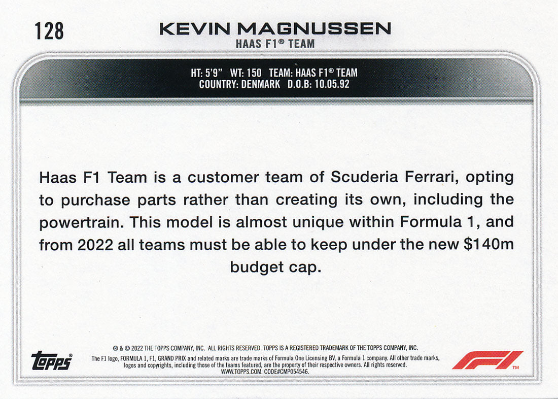 Kevin Magnussen Signed 2022 Topps Formula 1 Haas F1 Team #128 Card ...