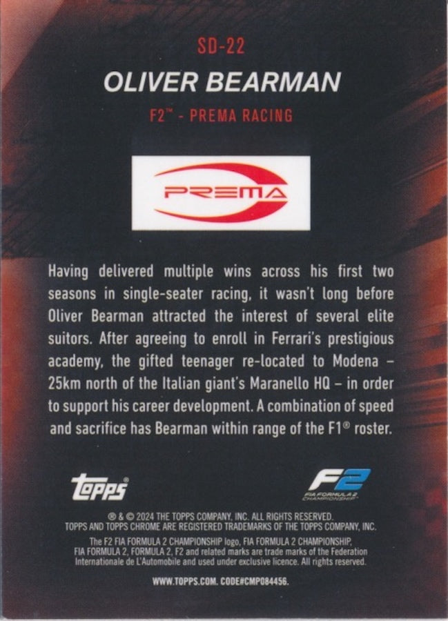 Oliver Bearman - Carte 2024 Topps Chrome Formula 2 Prema Racing F1 #SD ...