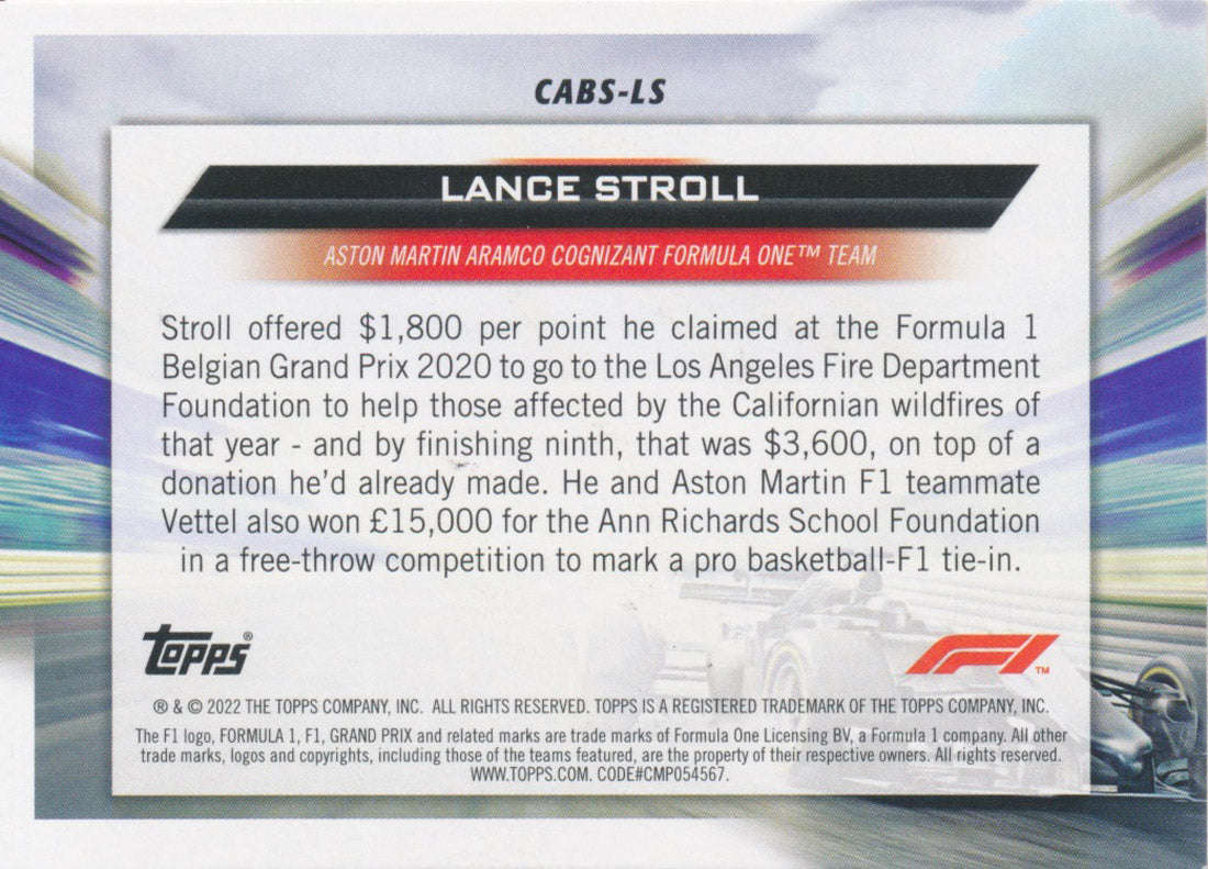 Lance Stroll Signed 2022 Topps Formula 1 Aston Martin F1 Team #CABS-LS ...